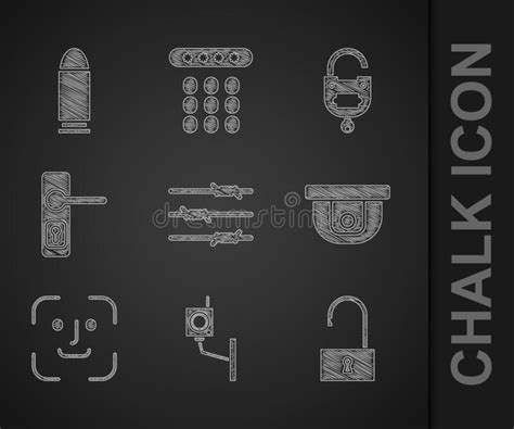 Set Barbed Wire Security Camera Open Padlock Motion Sensor Face Recognition Door Handle