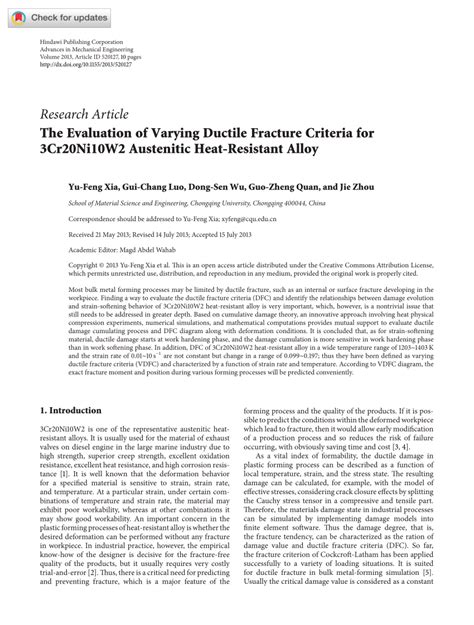 Pdf The Evaluation Of Varying Ductile Fracture Criteria For 3cr20ni10w2 Austenitic Heat