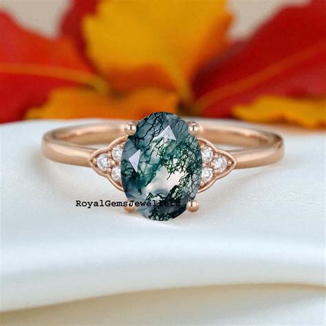 925 Sterling Silver Oval Moss Agate Ring Natural Moss Agate Engagement