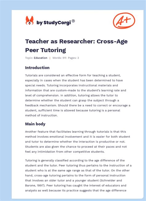 Teacher As Researcher Cross Age Peer Tutoring Free Essay Example