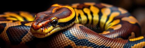 Close Up Of A Colorful Ball Python Displaying Intricate Patterns And