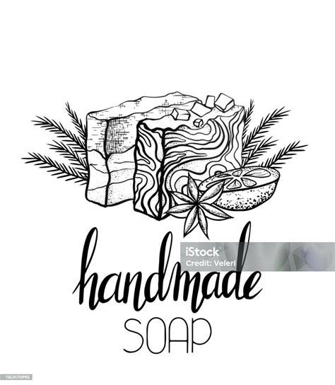 오렌지 주니퍼 나뭇가지 스타 아니스와 레터링과 함께 칸제 비누와 수제 비누의 벡터 개요 그림 서예 카드 템플릿 F 가문비나무에