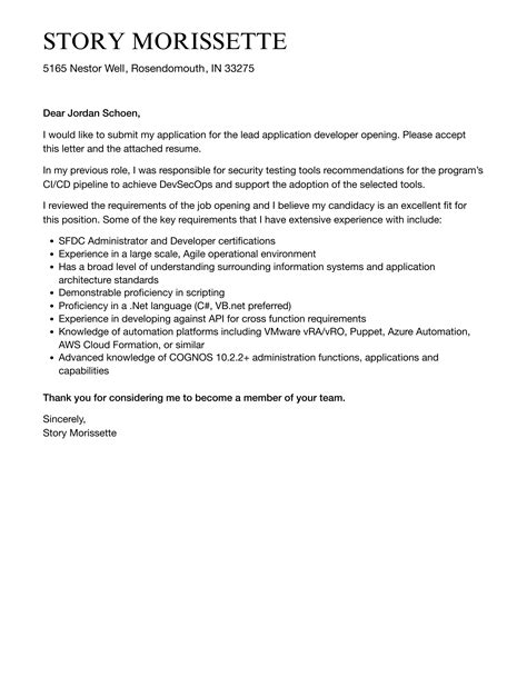 Lead Application Developer Cover Letter Velvet Jobs