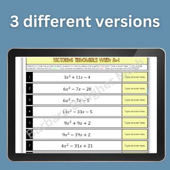 Factoring Trinomials A Not Equal To Activity Review Practice TPT