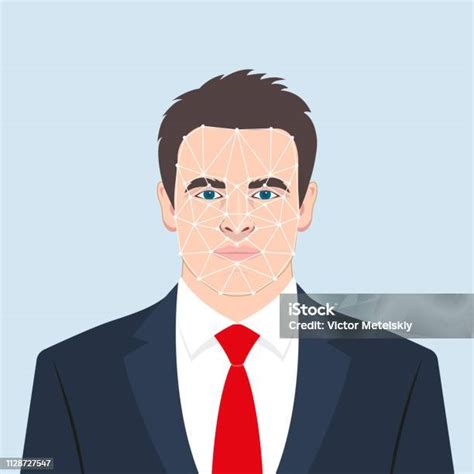 얼굴 Id 개념입니다 얼굴 인식 기술 생체 인식 검증 남성 아바타 젊은 남자 얼굴입니다 남자는 양복 셔츠 넥타이 사업가 머리와 어깨 벡터 일러스트입니다 아바타에 대한 스톡