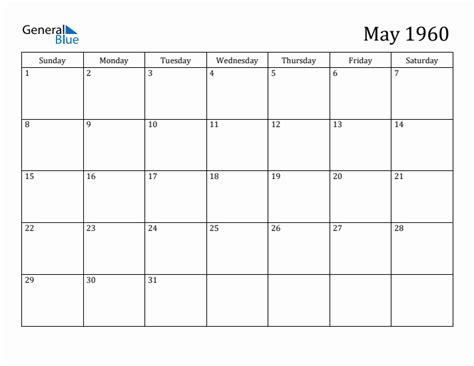 May 1960 Monthly Calendar