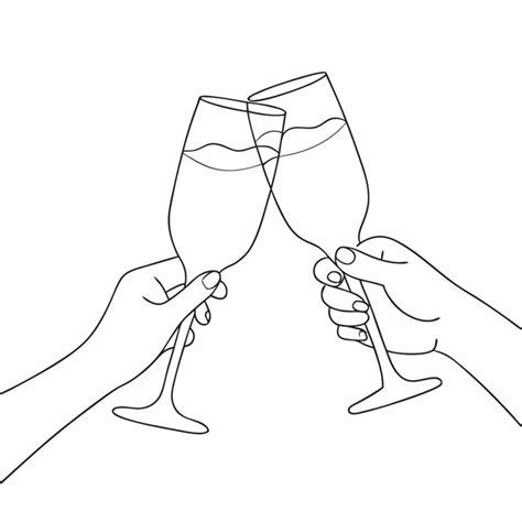 Outline Vector Of Hands Clinking Two Glasses Of Champagne Continuous