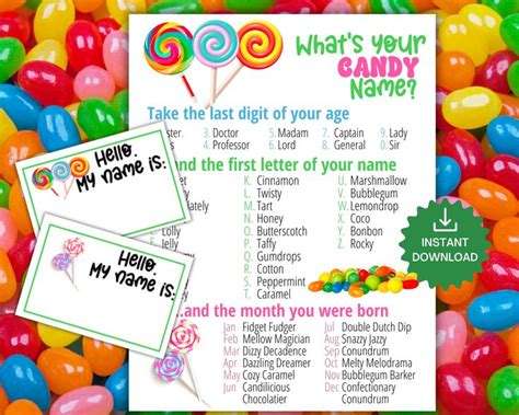 Whats Your Candy Name Game With Nametags Sign Candy Party Game Candy Bar Activity Easter