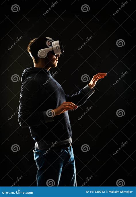 Computer Hacker In Virtual Reality Headset Man In Vr Helmet Stock