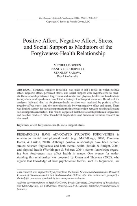 Pdf Positive Affect Negative Affect Stress And Social Support As Mediators Of The