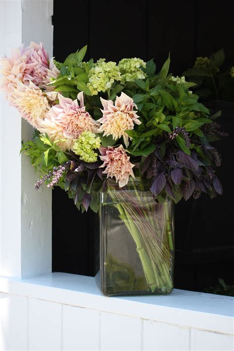 Herbal Arrangement With Purple Basil And Dahlias