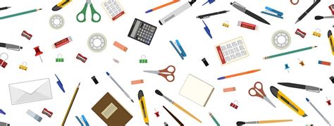 문방구 매장 회사를 광고하기위한 수평 배경 그림 흰색 배경에 격리 연필 펜 펠트 팁 펜 브러쉬 지음 가위 접착제 테이프 벡터
