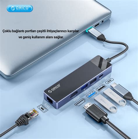 Orico Type C PD100W HDMI 4K 30Hz RJ45 SD TF 5Gbps Type C 4 USB A Portlu Hub Çoklayıcı Orico