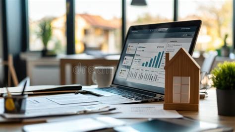 A Modern Workspace Featuring A Laptop With Data Analytics And A Miniature House Model Stock