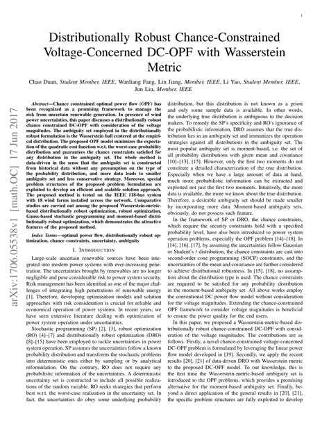 PDF Distributionally Robust Chance Constrained Voltage Concerned DC OPF With Wasserstein Metric