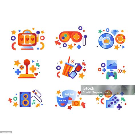 엔터테인먼트 기호 세트 슬롯 머신 게임 컨트롤러 카지노 토큰 뮤지컬 사운드 장비 희 극과 비극 연극 마스크 벡터 일러스트 레이 션 Brand Name Video Game에