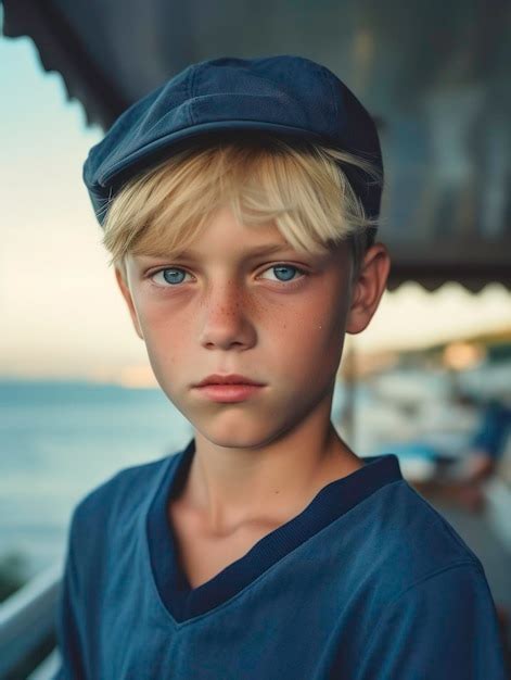 Premium Ai Image Close Up Of Curious Blond Boy With Blue Eyes Looking