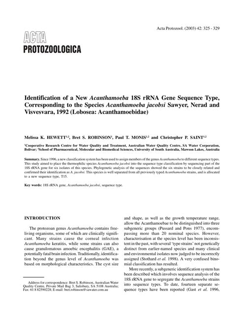 Pdf Identification Of A New Acanthamoeba 18s Rrna Gene Sequence Type Corresponding To The