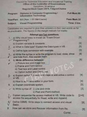 Ctevt Paper Diploma CTEVT Visual Programming Question Paper Diploma Nd Year St Part