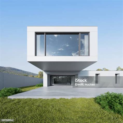 대형 콘크리트 테라스와 잔디밭이있는 하얀 현대 주택의 3d 렌더링 집에 대한 스톡 사진 및 기타 이미지 집 모던 양식 콘크리트 Istock