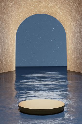 3d 렌더링 플랫폼 및 연단 배경 입구 돌 아치 문이 있는 바다 밤에 별 제품 스탠드 디스플레이 광고 화장품 미용 제품 또는 빈 원형 무대가 있는 스킨케어 모던 양식에 대한