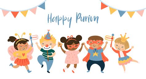 귀여운 어린이 캐릭터와 푸림 카니발 인사말 카드 디자인 카드 스티커 및 파티 초대장을 위한 유치한 인쇄물 벡터 일러스트레이션 아이에 대한 스톡 벡터 아트 및 기타 이미지