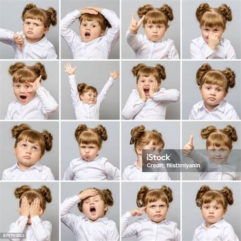 다른 감정과 몸짓 회색 배경에 작은 귀여운 여자의 콜라주 아이에 대한 스톡 사진 및 기타 이미지 아이 얼굴 표현 다양 Istock
