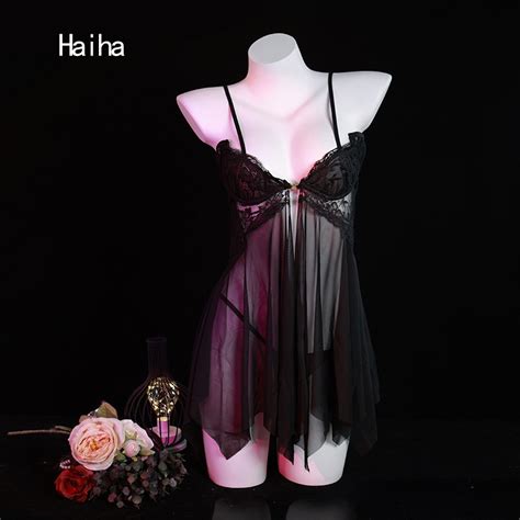 Haiha Sexy Lingerie Sleepwear Set For Sex Black Lace Pajamas Sex Dress