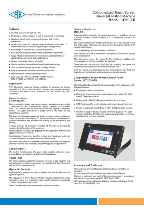 Digital Touch Screen Universal Testing Machine Fie Make 1200kn Capacity Utm Model Ute Ts 120