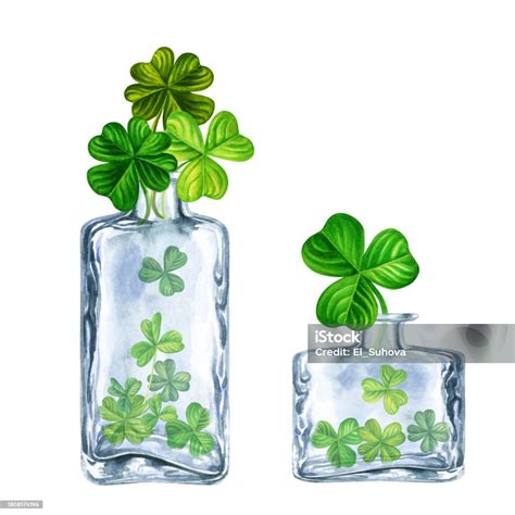 유리와 녹색 토끼풀로 수채화 성 패트릭의 날 마술 행운을 기원하는 밝은 일러스트의 디자인 흰색 배경에 분리된 요소 유리 재료에