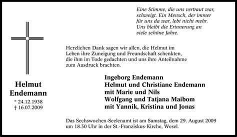 Traueranzeigen Von Helmut Endemann Trauer In Nrwde
