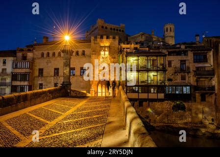 Valderrobres Castle And Church Illuminated At Blue Hour And At Night