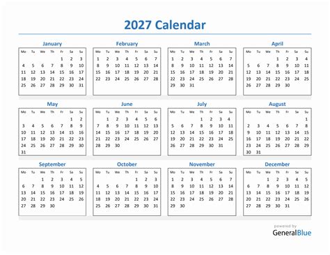 2027 Simple Yearly Calendar Pdf Excel Word With Monday Start