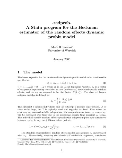 Redprob Heckman Estimator For Dynamic Probit Model In Stata