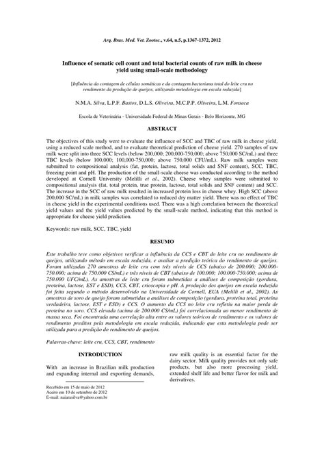 Pdf Influence Of Somatic Cell Count And Total Bacterial Counts Of Raw Milk In Cheese Yield