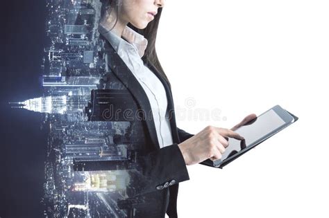 Headless Young Businesswoman Using Tablet On Abstract Sideways City