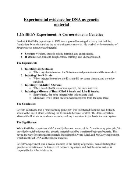 Experimental Evidence For Dna As Genetic Material Docx