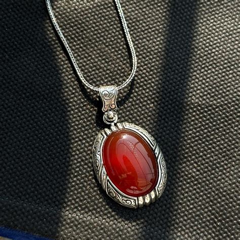 Silver Red Carnelian Necklace Red Agate Pendant Engraved Silver
