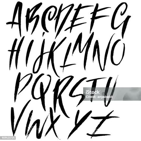 그런 지 조 난 폰트입니다 현대 건조 브러시 잉크 편지입니다 필기체 알파벳입니다 벡터 일러스트입니다 개체 그룹에 대한 스톡 벡터