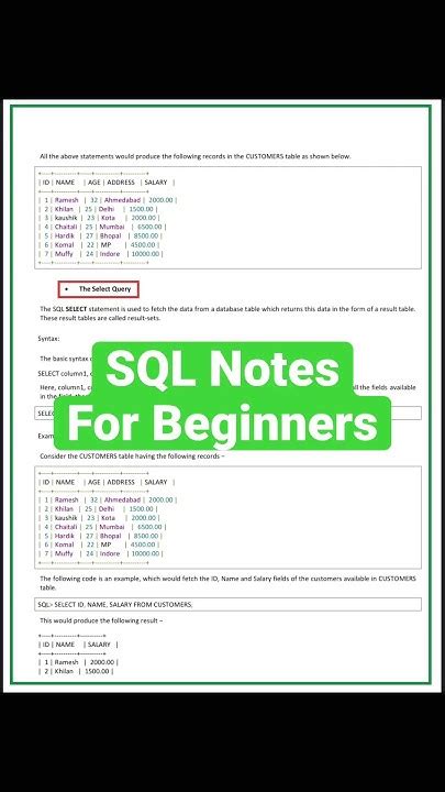 Sql Notes 📚for Beginners👨‍🏫 Sql Dataengineering Shorts Youtube