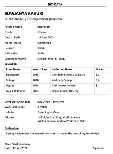 35 Simple Job Bio Data Formats Pdf Word Free Download Sample Biodata For Job Application In