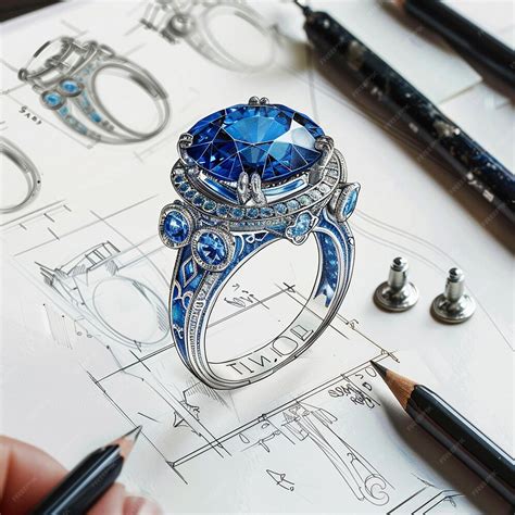 A Sketch On Paper Of A Blue Sapphire Ring In The Style Of Handpainted