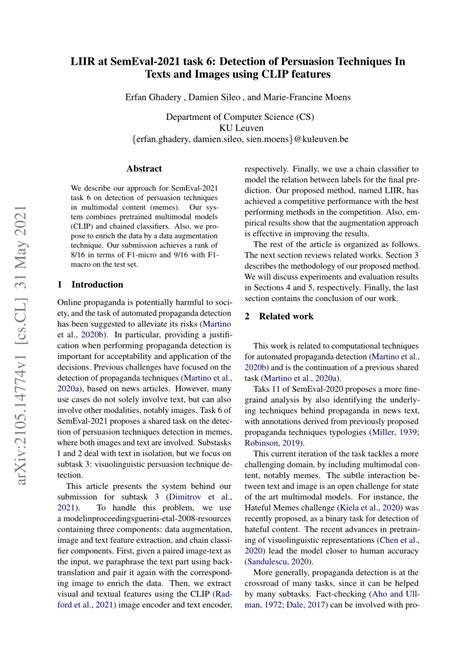 Pdf Liir At Semeval 2021 Task 6 Detection Of Persuasion Techniques