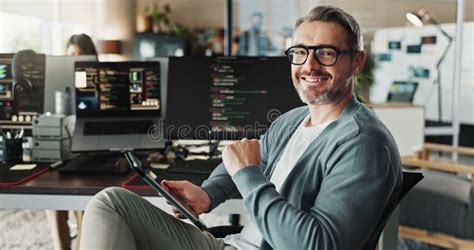 programmer business man and portrait with tablet for software