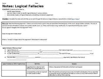 BUNDLE Logical Fallacies Notes And Group Activity EDITABLE TPT