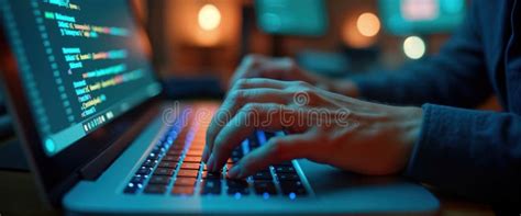Focused Programmer Codes Intensely On Laptop Hands Type On Keyboard Lines Of Code Illuminate