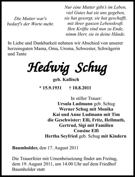 Traueranzeigen Von Hedwig Schug Rz Trauer De