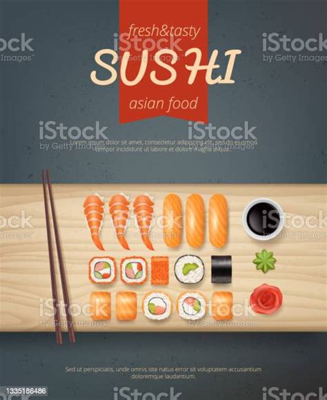 아시아 음식 포스터 해초 해산물 롤 스시와 접시 에 맛있는 소스 젓가락일본 미식 전통 요리를위한 광고 플래카드 사실 초밥에 대한