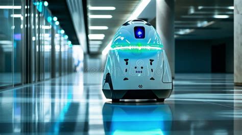 autonomous robot navigating a modern sleek hallway with glass doors