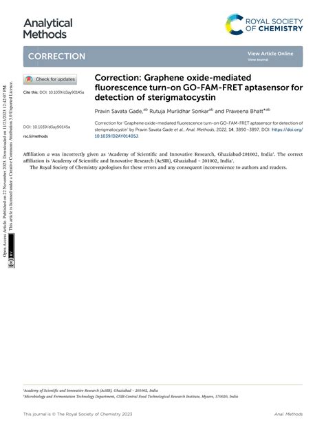 Pdf Correction Graphene Oxide Mediated Fluorescence Turn On Go Fam